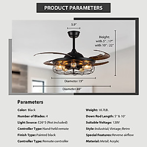 Moooni 48" Industrial Caged Ceiling Fan with Lights and Remote, Black Fandelier, Vintage Retractable Blades Chandelier Fan Light Kit for Bedroom Farmhouse