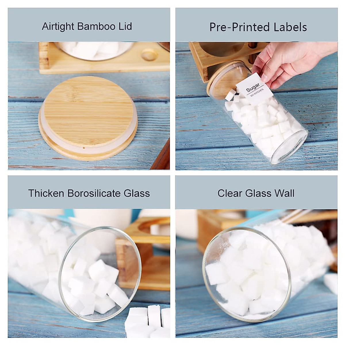 Glass Coffee Containers with Shelf, Set of 2 Coffee Bean Storage with Bamboo Lids and Spoon, Ground Coffee and Suger Jar Container Set for Coffee Bar (47 OZ)