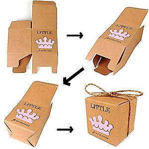50pcs Little Princess Baby Shower Favor Boxes + 50pcs Twine Bow, Candy Bag Rustic Kraft Paper Gift Box for Baby Shower Party Supplies Cute 1st Birthday Girl Decoration