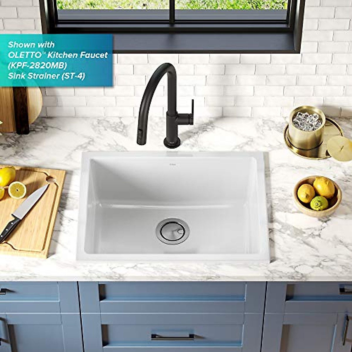 KRAUS Turino™ 24” Drop-In Undermount Fireclay Single Bowl Kitchen Sink with Thick Mounting Deck in Gloss White, KFD1-24GWH