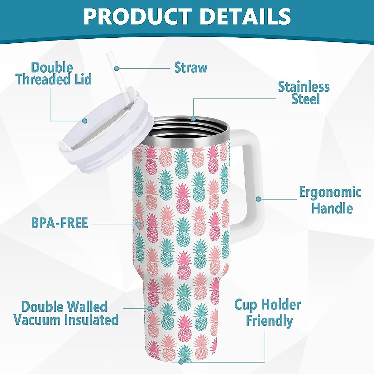 IHCVHQX Tumbler With Handle and Straw 40oz Pink Blue Pineapple Print Insulated Tumbler Cups Stainless Steel Travel Coffee Mug