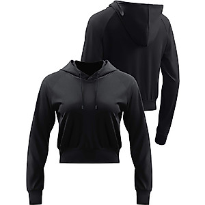 CADMUS Women's Workout Long Sleeve Shirts with Hoodie Sweatshirt Running Crop Top 2 Pack, Black, Navy Blue, Large