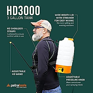 PetraTools 3-Gallon Battery Powered Backpack Sprayer – Extended Spray Time Long-Life Battery - New HD Wand Included, Wide Mouth Lid, Comes with Multiple Nozzles & Battery Included, 65+ PSI - HD3000