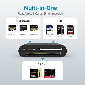 Unitek USB Card Reader 3-Slot USB 3.0 Compact Flash Card Reader, Read 3 Cards Simultaneously, Aluminum Memory Card Adapter CF, TF, SDXC, SDHC, SD, Micro SDXC, Micro SD, Micro SDHC- 4FT (Black)