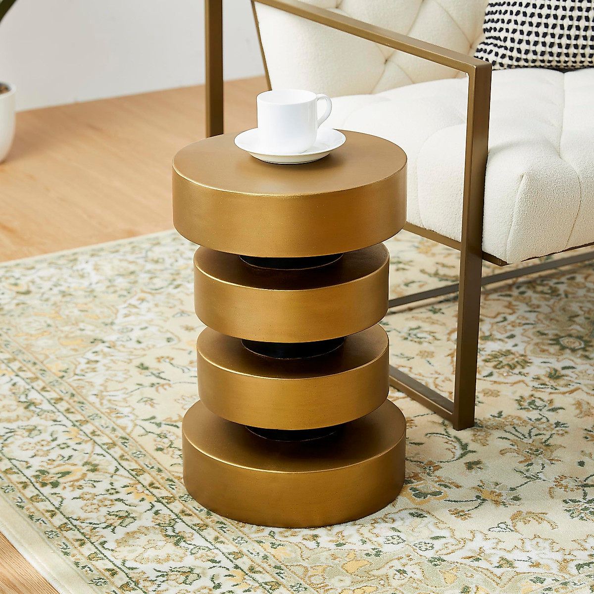 Glitzhome Modern Industrial 12” Dia Round Side Table in Antique Gold Black, Floating Disks Accent Stool End Table for Living Room, Bedroom, Entryway and Small Spaces