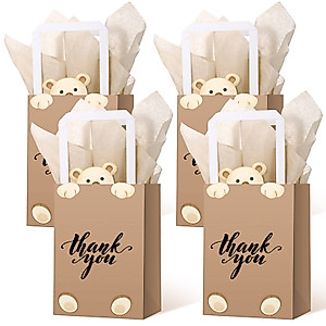 Eersida 16 Pcs Teddy Bear Gift Bags Baby Shower Bags Bear Birthday Decorations Thank You Paper Bags with Tissue Handles Brown Candy Treat Bags for Guests Wedding Kids Prizes School Party Supplies