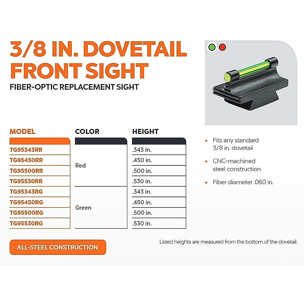 Truglo 3/8-Inch Dovetail Front Steel Gun Sight Replacement Fiber Optic Ramp Sight - .500", Green