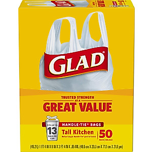 Glad® Tall Kitchen Handle-Tie® Trash Bags - 13 Gallon White Trash Bag - 50 Count (Package May Vary)