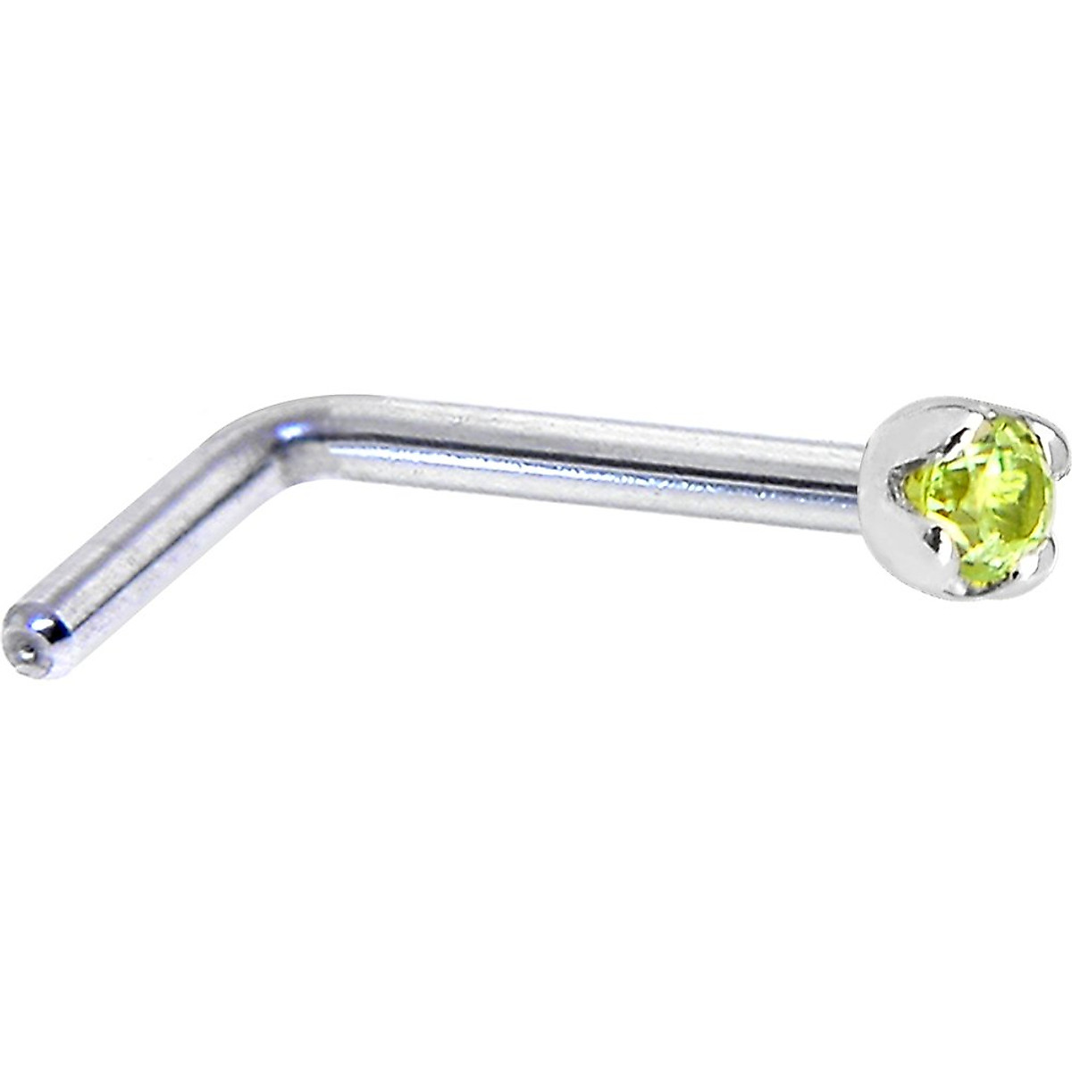Body Candy Solid 14k White Gold 1.5mm Genuine Peridot L Shaped Nose Stud Ring 20 Gauge 1/4"
