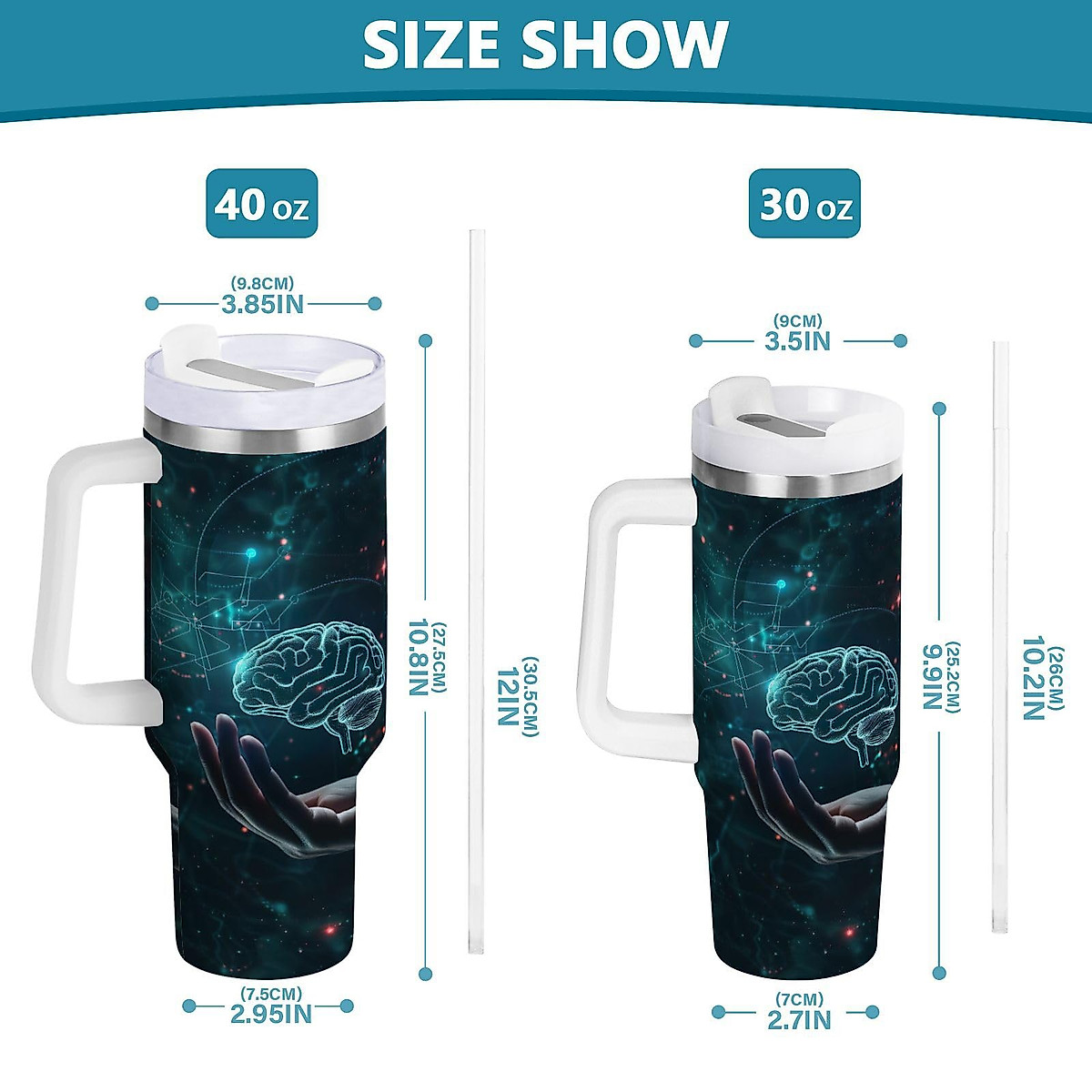 ODAWA AI Brain Hand Coffee Tumbler with Handle Double Wall Tumbler Reusable Stainless Steel Cups