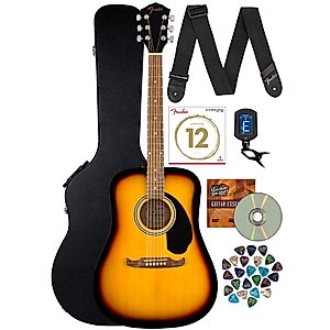 Fender FA-125 Dreadnought Acoustic Guitar - Sunburst Bundle with Hard Case, Tuner, Strings, Strap, Picks, and Austin Bazaar Instructional DVD