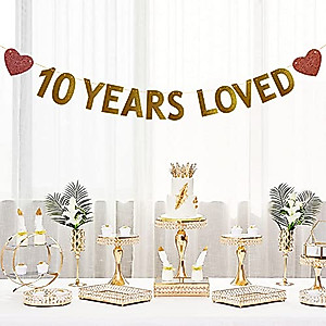 10 YEARS LOVED Banner for 10th Birthday /Wedding Anniversary Party Decorations Supplies, Pre-strung, No Assembly Required, Gold Glitter Paper Garlands Banner, Backdrops, Letters Gold, Betteryanzi