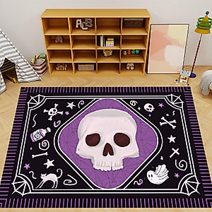 USHIRUG Halloween Area Rug, 3x5ft, Gothic Purple Cartoon Skull Ghost Non-Slip Living Room Rug, Cute Cartoon Halloween Theme Home Decoration for Boys Girls Bedroom Playroom Kids Room Floor Mat