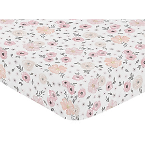 Sweet Jojo Designs Floral Girl Jersey Stretch Knit Baby Fitted Crib Sheet for Soft Toddler Bed Nursery - Blush Pink, Grey and White Boho Shabby Chic Rose Watercolor Flower