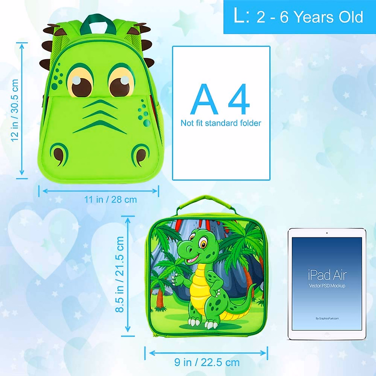 gxtvo Toddler Backpack for Boys, Dinosaur Kids Preschool Bookbag and Lunch Box, 12" Cute Cartoon Animal Schoolbag