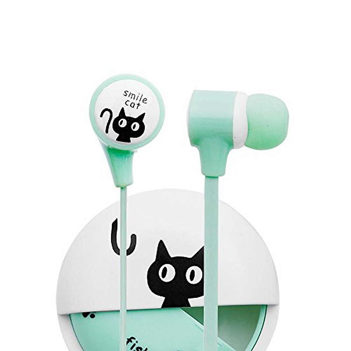 QearFun Stereo 3.5mm in Ear Cat Earphones Earbuds with Microphone with Earphone Storage Case for Smartphone MP3 iPod PC Music (Green)