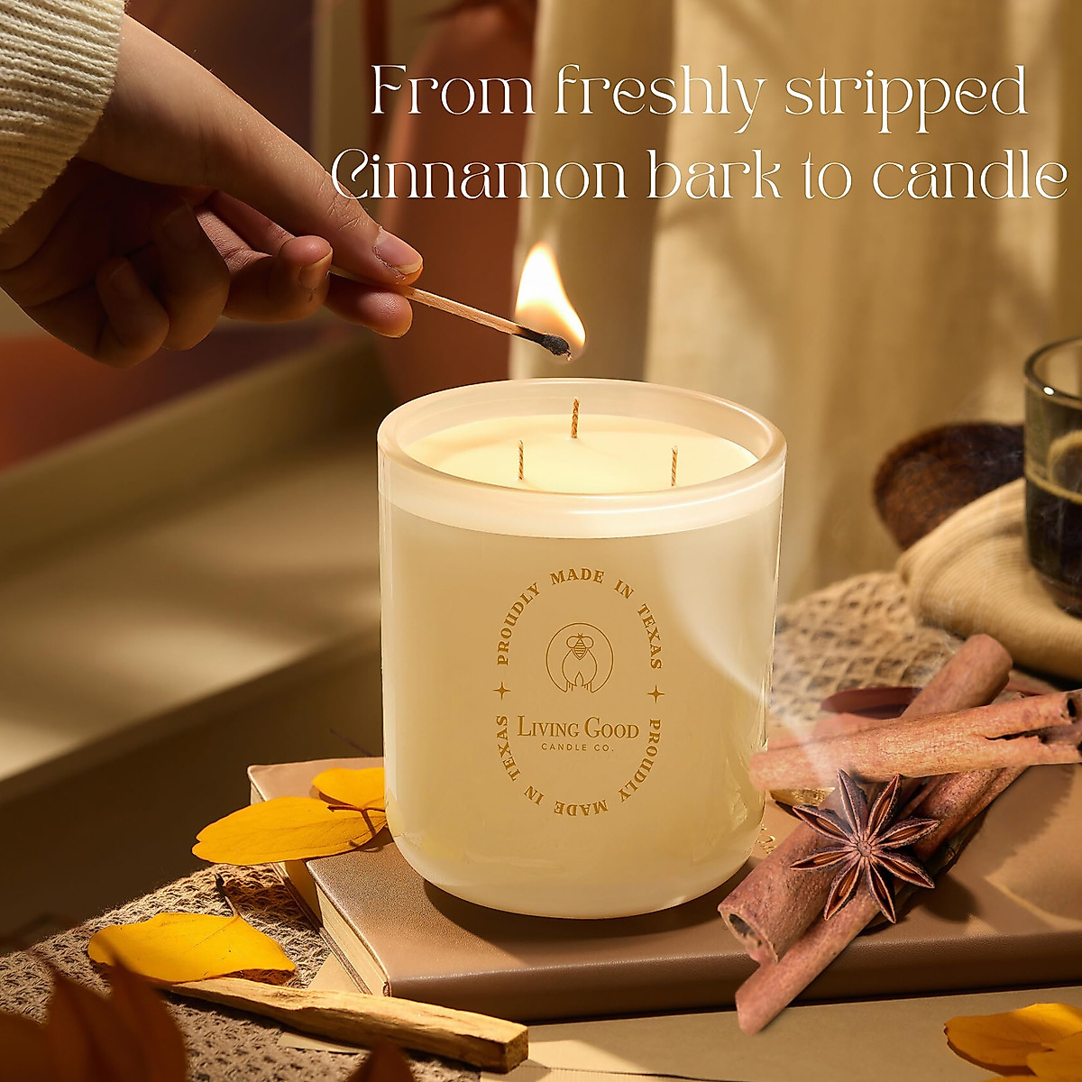 Fall Fresh Cinnamon Bark Essential Oil - Warm & Spicy Pure Beeswax Candle - 90+ Hours Long Burning - Non-Toxic Scented Candles for Autum Home Decor & Aromatherapy for Anxiety Relief - Natural - 15 OZ