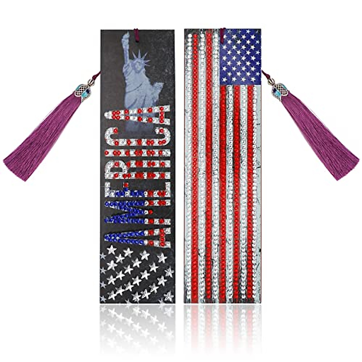 MWOOT 2 Pcs American Flag 5D Diamond Art Painting DIY Bookmarks, Marcadores Libro Pintura Diamantes Leather Tassel Bookmark, Statue of Liberty Beaded Book Marks for Independence Day July Fourth Gift