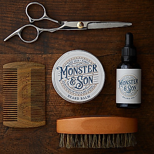 Monster&Son Premium 7-Item Organic Beard Kit - Beard Oil, Beard Balm, Beard Brush, Beard Comb, Scissors, Canvas Travel Bag - Male Grooming Kit in Gift Box - Great Mens Birthday Gift - Father's Day