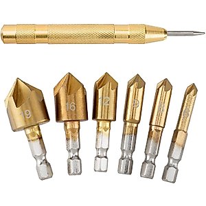 PAGOW Countersink Drill Bit Set- 7 Pcs Counter Sinker Drill Bits for Wood, Quick Change, 1/4'' Hex Shank, High Speed Steel, 6 Flute 90 Degree Center Punch Tool, 1/4''-3/4''