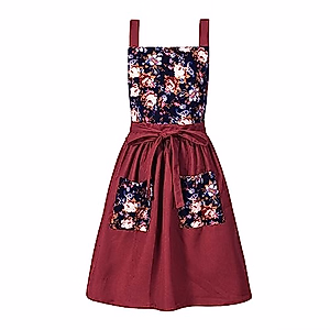 Pinknoke Vintage Pinafore Apron Dress for Women with Pockets Cute Floral Chef Aprons for Kitchen Cooking Baking Gardening (Claret)
