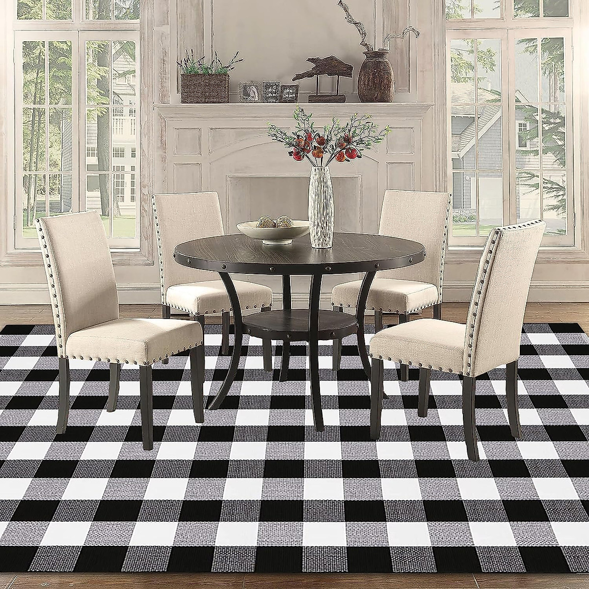 HZQOZUA Buffalo Plaid Rug 5 x 7 ft Black and White Checkered Area Rugs, Cotton Hand-Woven Washable Indoor Outdoor Rugs, Carpet for Patio/Living Room/Dining Room/Bedroom/Farmhouse