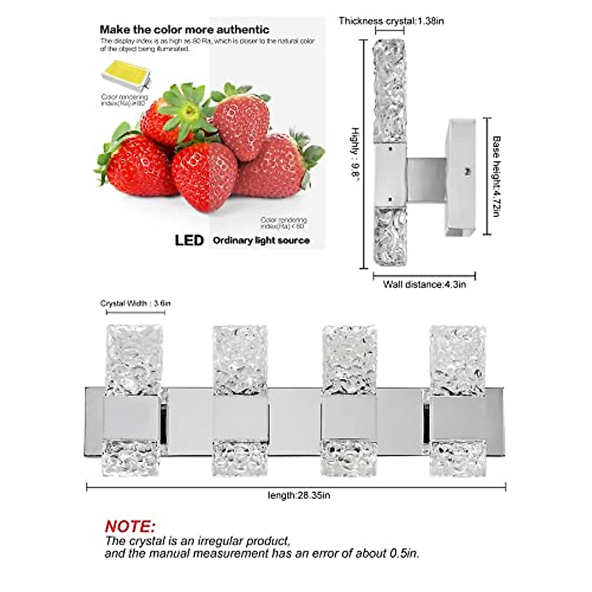 OYLYW Modern LED Bathroom Vanity Light Fixtures Chrome Stainless Steel 4 Light Wall Sconces for Bathroom Lighting Fuxture Over Mirror 28 Inch 40w LED Crystal Wall Light Cool White 5800K