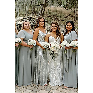 deamify Modest V Neck Flutter Sleeves Bridesmaid Dresses with Pockets Split Pleats Short Sleeves Sage Green Formal Dress for Women 10