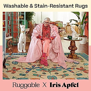 RUGGABLE Washable 3x5 Area Rug, Paisley Prom Dark Tan, Premium Rugs for Living Room, Bedroom, Kitchen, Office, Classroom with Gripper Non Slip Pad, Iris Apfel