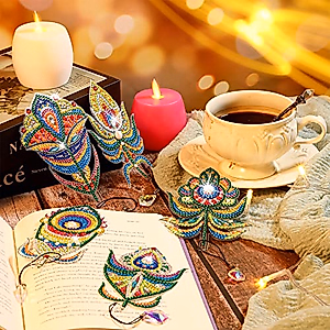 6 Pcs Diamond Painting Bookmarks Kit 5D DIY Feather Rhinestones Bookmark for Kids Adults PVC Art Bookmarks with Crystal Pendant for Crafts School Beginner Office Home, 6 Styles (Exotic)