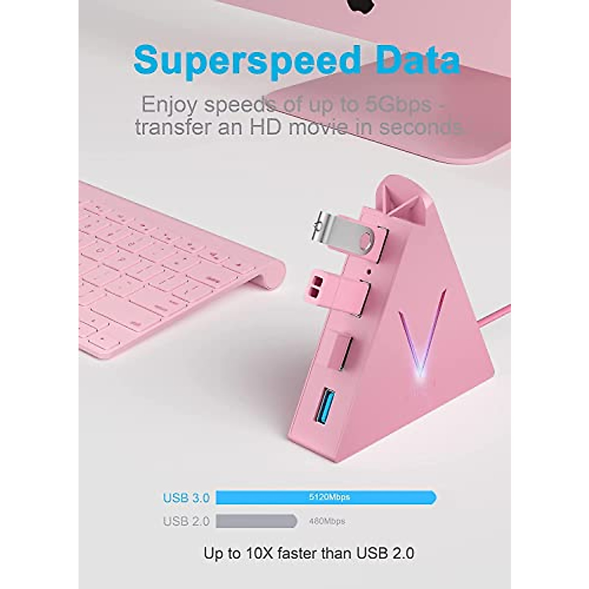 JoyReken 4-Port USB 3.0 Hub, FlyingVHUB Vertical Data USB Hub with 2 ft Extended Cable, for Mac, PC, Xbox One, PS4, PS5, iMac, Surface Pro, XPS, Laptop, Desktop, Flash Drive, Mobile HDD(Pink)