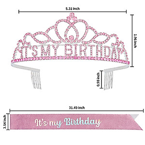 ACO-UINT Birthday Crown for Women, Pink Birthday Headband Birthday Sash It's My Birthday Crown, Birthday Girl Crown Birthday Tiara Birthday Decorations Birthday Gifts