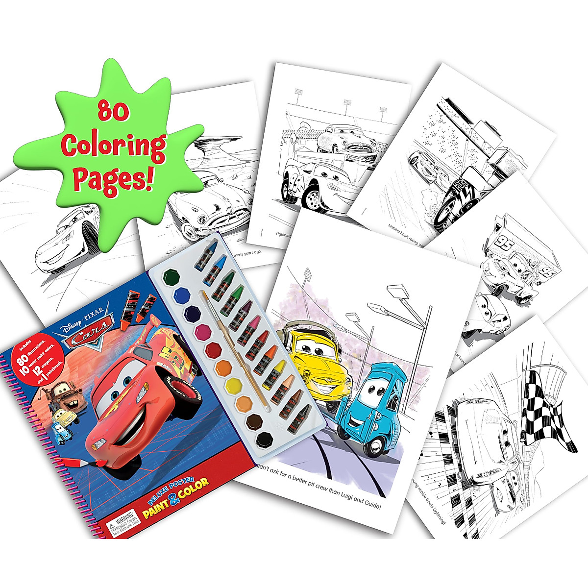 Disney / Pixar Cars Deluxe Poster Paint & Color - Coloring Book for kids, 80 illustrations, 10 watercolor paints, 12 crayons, 1 paint brush