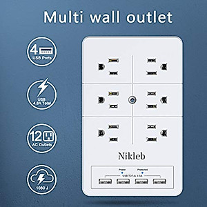 Multi Plug Outlet Surge Protector Nikleb, 12 Electrical Outlet Extender 3 Sided, Wall Outlet with 4 USB Charging Ports Total 4.8A, Plug Adapter 3 Prong, Charging Station Block Wall Mount Low Profile