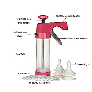 Cambom Clear Cookie Press Gun Kit with 16 Discs and 6 Icing Tips for DIY Biscuit Maker and Decoration Red