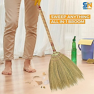 SN SKENNOVA Asian Broom for Cleaning Floor / Handheld Household Broom for Outdoor and Indoor : House Broom - Hardwood Sweeper with Brush Power and Circle Cleaning (Thai Pattern 1, Green)