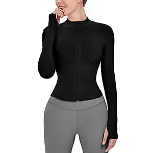Locachy Women's Lightweight Stretchy Workout Full Zip Running Track Jacket with Thumb Holes Black S