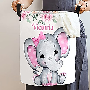 Adorable Elephant Girl Large Storage Basket Personalized Laundry Hamper with Name Bathroom Home Decor Collapsible Round Storage Bin Boxes Clothing for Gift, 19.69''(height) x 14.17''(diameter)