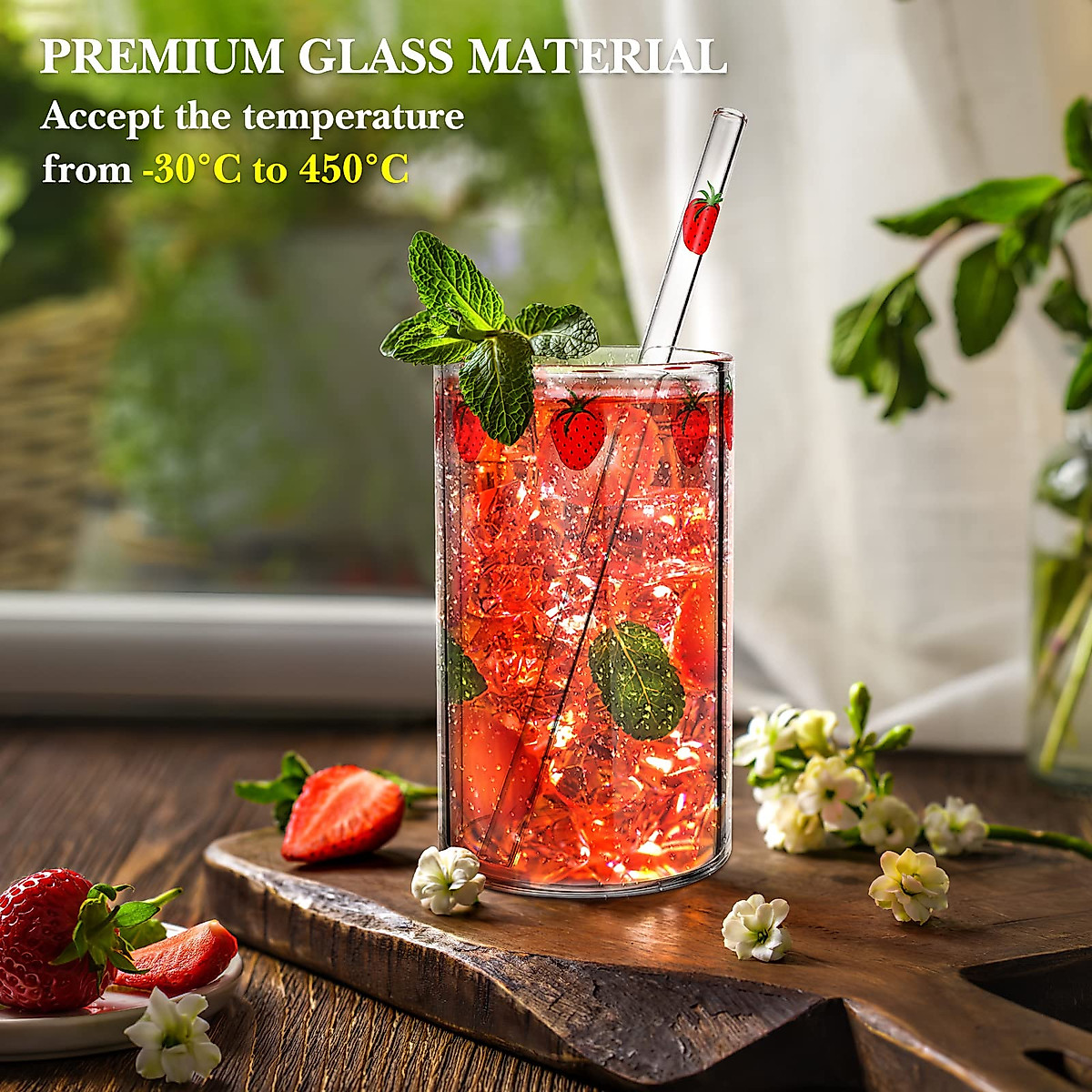 Alipis Glass Water Cup Strawberry Pattern Drinking Cup, Glass Milk Bottle with Straw, Clear Glass Tea Cup Juice Mug for Beverage Beer