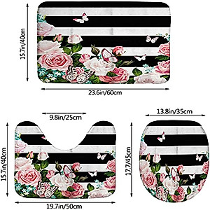 DONMYER Bathroom Rugs and Mats Sets 3 Piece,Black and White Stripe Modern Pink Floral Butterfly,Bathroom Rugs Non Slip, Absorbent Bath Mat Washable Bathroom Floor Mats