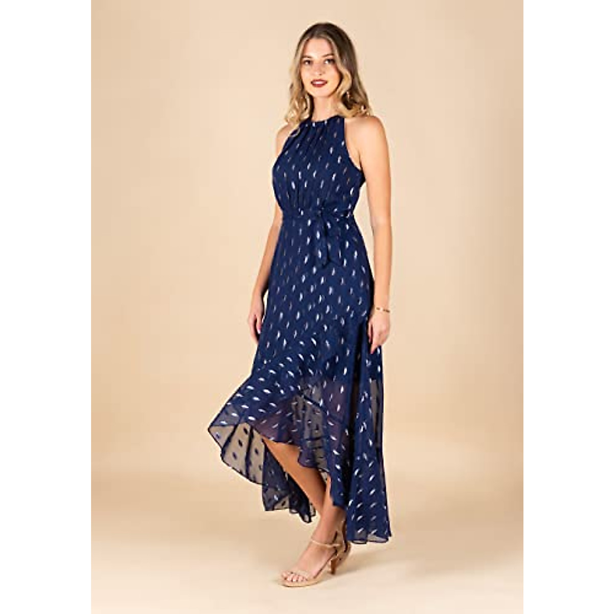 Rhysley Trendy Blue Halter Maxi Dress: Sleeveless Georgette Lurex for Wedding & Summer Parties