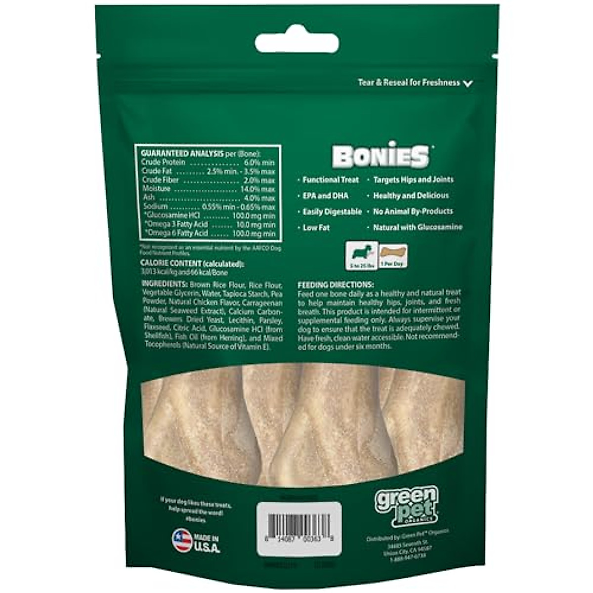 Bonies Natural Hip & Joint Formula Small-Sized Single Bone, Glucosamine & Omega Fatty Acids, Fresh Breath, Clean Teeth, Low Calories, Chicken Flavor, 15 Bones