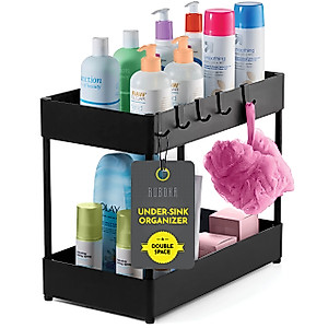 Space-Saving 2-Tier Under Sink Organizer and Storage with 6 Strong Hooks, Easy-Assemble, Under Cabinet Organizer, Durable, Big Capacity, Modern Storage Baskets for Bathroom, Kitchen, Etc. (Black)