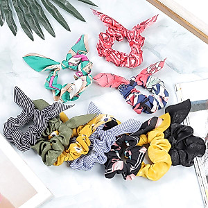 15 Pcs Chiffon Floral Ponytail Holders with Satin Bows and Scrunchies for Women (Color A)