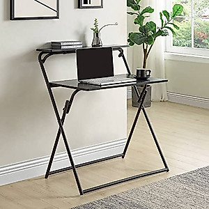 Generic Table Study Folding Computer Desks Black Gaming Rotating Panel Work MDF Board No Assembly Required Computer Desk with 2-Tier Shelf Table Black