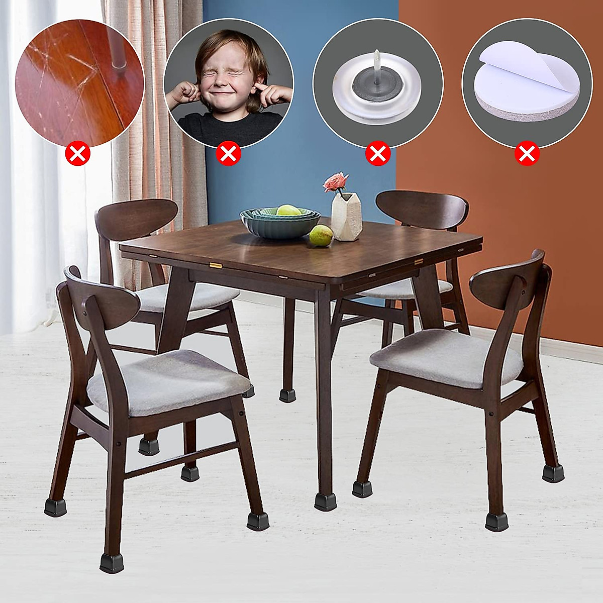 Ezprotekt 24 Pcs Square Chair Leg Floor Protectors with Felt, Silicone Felt Furniture Pads for Hardwood Floor, Dining Table Leg Caps Covers No Scratches and Noise (L Fit: 1-1/10" to 1-3/10", Black)