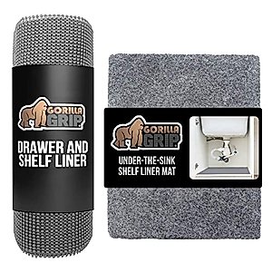 Gorilla Grip Drawer Liner and Under Sink Mat, Drawer Liner Size 12 in x 20 FT in Gray, Non Adhesive, Under Sink Mat Size 24x30 in Charcoal, 2 Item Bundle