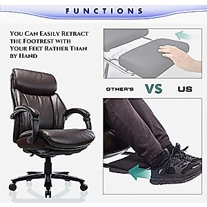 COLAMY Office Chair Big and Tall 400LBS-Thick Bonded Leather for Lumbar Support and Comfort, Hidden Footrest for Adult Work, Gaming, Study, Relax (Brown)