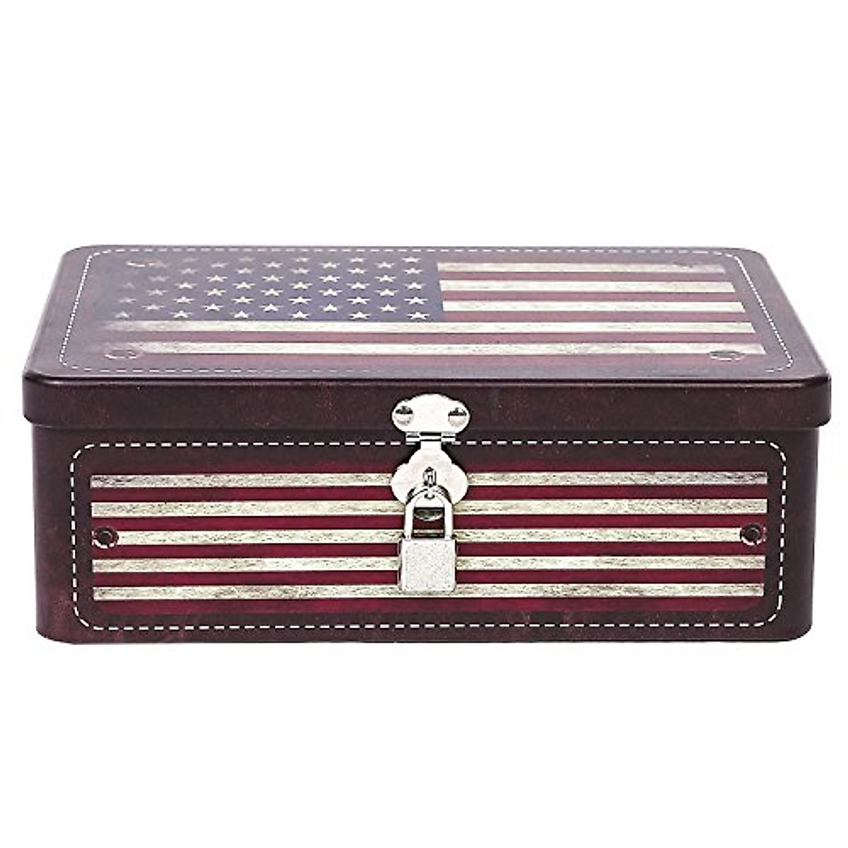 MyGift Decorative Storage Box, Retro Style American Flag Tin Metal Keepsake Box with Lid and Padlock