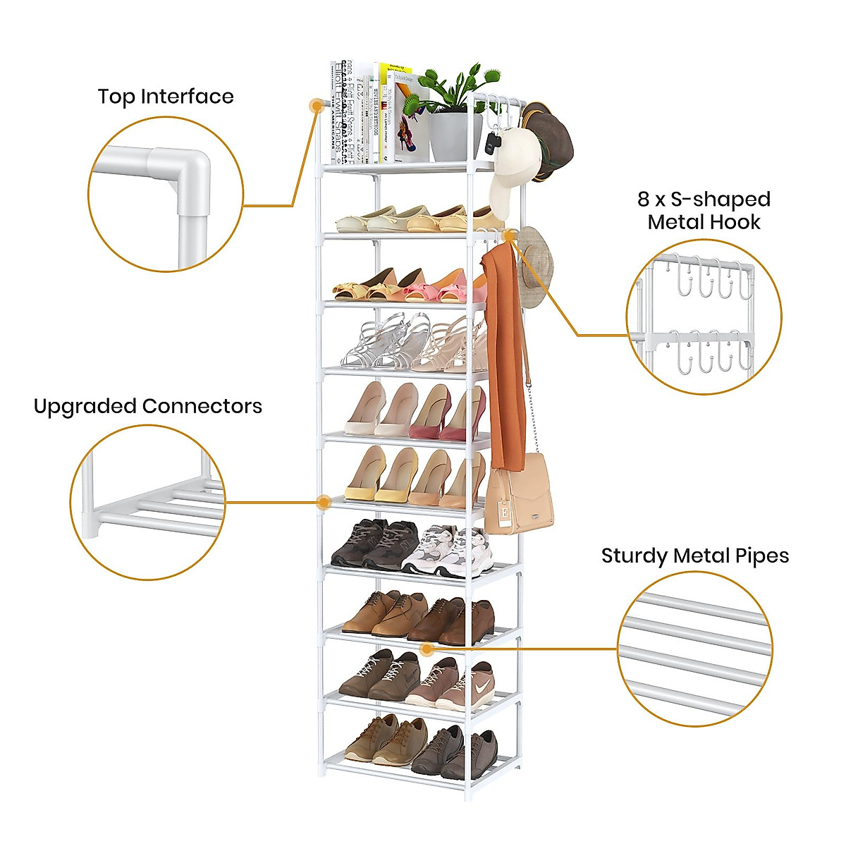 ROJASOP 10 Tiers Metal Shoe Rack Organizer Tall Shoe Racks for Closets Entryway Corner Shoe Rack Shoe and Boots Organizer Storage Narrow Shoe Rack for Closet Entryway Sturdy Shoe Shelf Shoe Stand